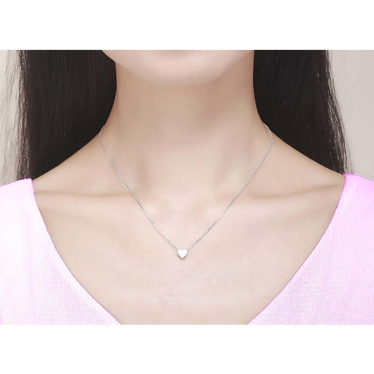 WRISTCHIE 925 Sterling Silver Tiny Minimalism Floating Heart Necklace 17.5" (Silver) (Box Chain)