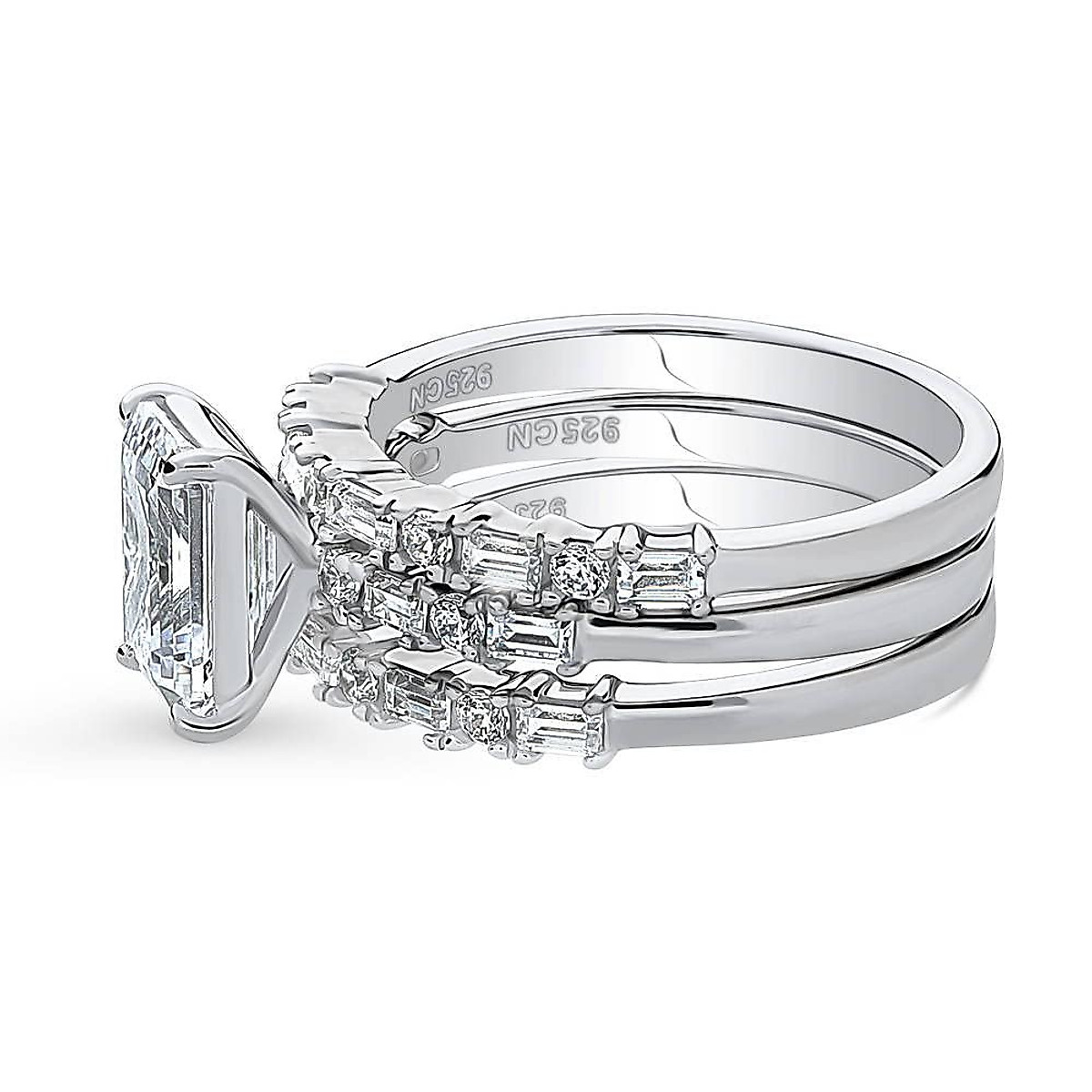 BERRICLE Sterling Silver Solitaire Wedding Engagement Rings 2.1 Carat Emerald Cut Cubic Zirconia CZ Art Deco Ring Set for Women, Rhodium Plated Size 9