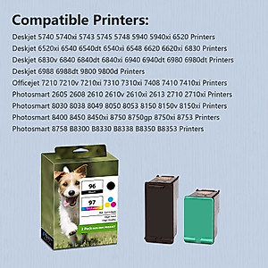 96 97 High Yield Ink Cartridges Combo Pack (1 Black+1 Tri-Color) Remanufactured for HP 96&97 Work with DeskJet 5940 6840 6940 6988 9800 officejet 7210 7310 7410 Photosmart 2610 2710 8050 8450 Printer