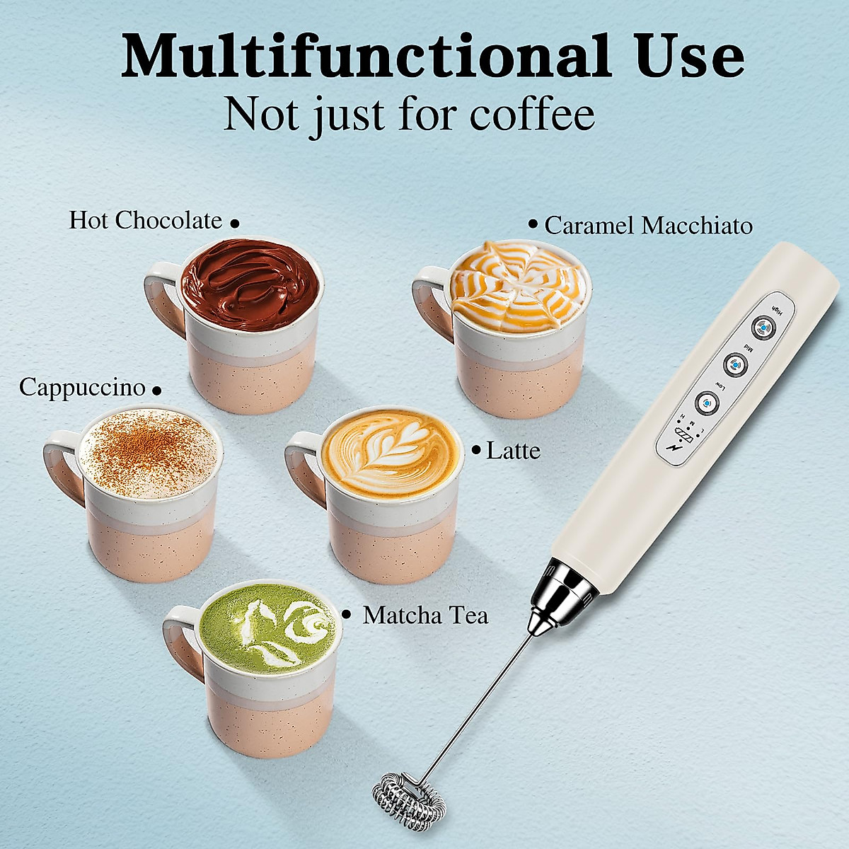 BSRGMS Milk Frother Handheld with Stand, Electric Whisk 3 Speed Adjustable, Drink Mixer with Stainless 3 Whisk, Rechargeable Hand Frother Wand, Foam Maker for Latte Cappuccino Hot Chocolate Egg Beige