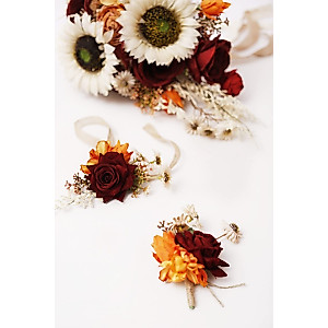 Ansofi Wrist Corsage Wristlet Band Bracelet for Women Bride Bridesmaid, Burgundy & Burnt Orange Corsages for Wedding Set of 6…