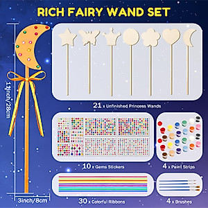 Pllieay Princess Fairy Wand Kit Includes 21 Unfinished Wooden Princess Wands Gem Stickers Ribbons and Paint, DIY Princess Wand Crafts for Princess Party Favors Fairy Birthday Party