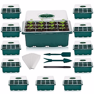 Suntee 12 Packs Seed Starter Tray, Seed Starter Kit with Humidity Dome and 144 Cells, Seedling Starting Trays Plant Starter Kit Reusable Mini Greenhouse Germination Kit for Seeds Growing (Green)