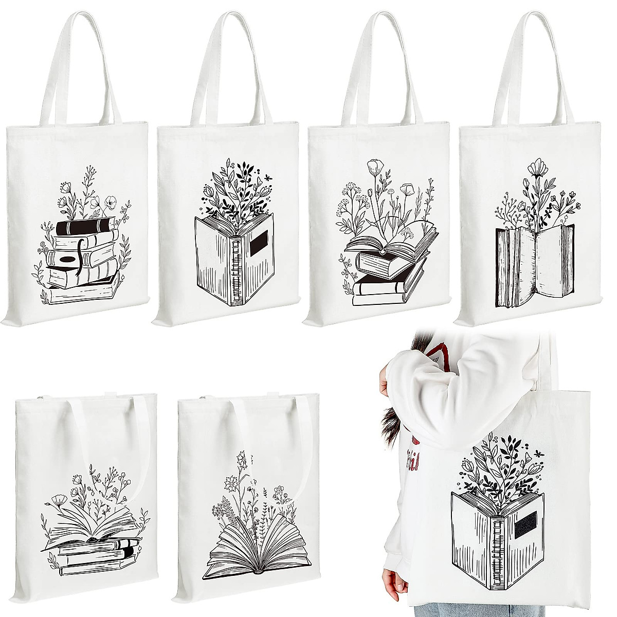 Sweetude 6 Pcs Canvas Aesthetic Tote Bag for Women Wildflower Book Tote Bag Bulk Shopping Bags School Shoulder Bag Reusable Grocery Bags Women's Tote Handbags