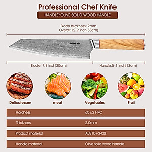 JOMIVIC Damascus Chef Knife Super Steel 8 inch Japanese Kitchen Knife with Wood Handle Razor Sharp Edge Knife with Gift Box and Cleaning Cloth Cooking Knife for Meat, Vegetables, Fish