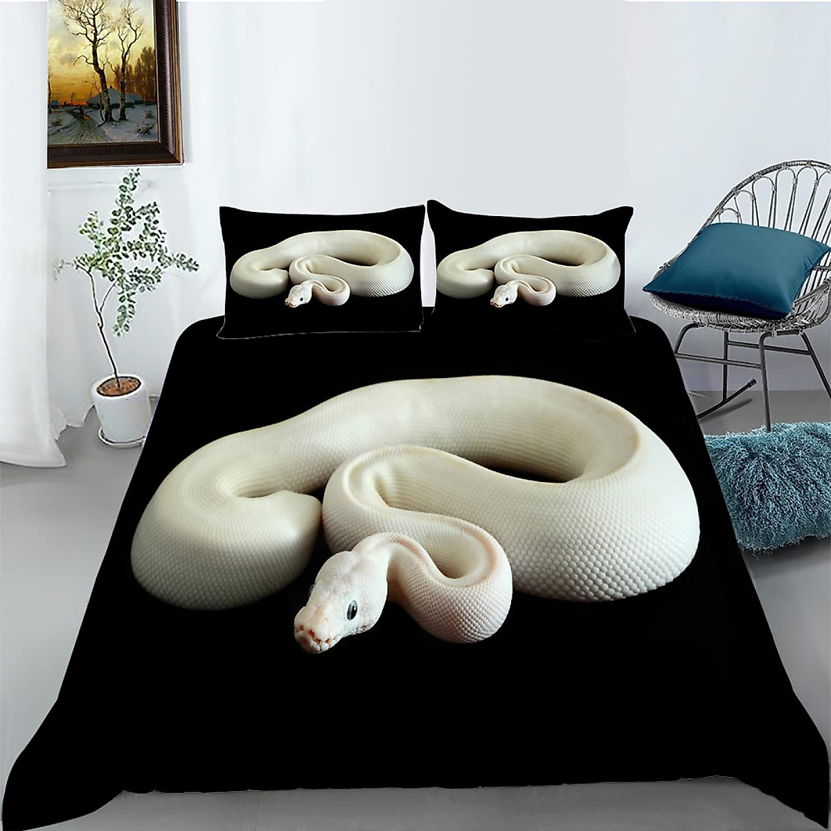 LTAETHC Duvet Cover Twin Size, Animals White Snake 3D Print Duvet Cover Set Luxury Microfiber Polyester Comforter Cover for Women Men Bedroom Decor Helps with Sleep (No Comforter)