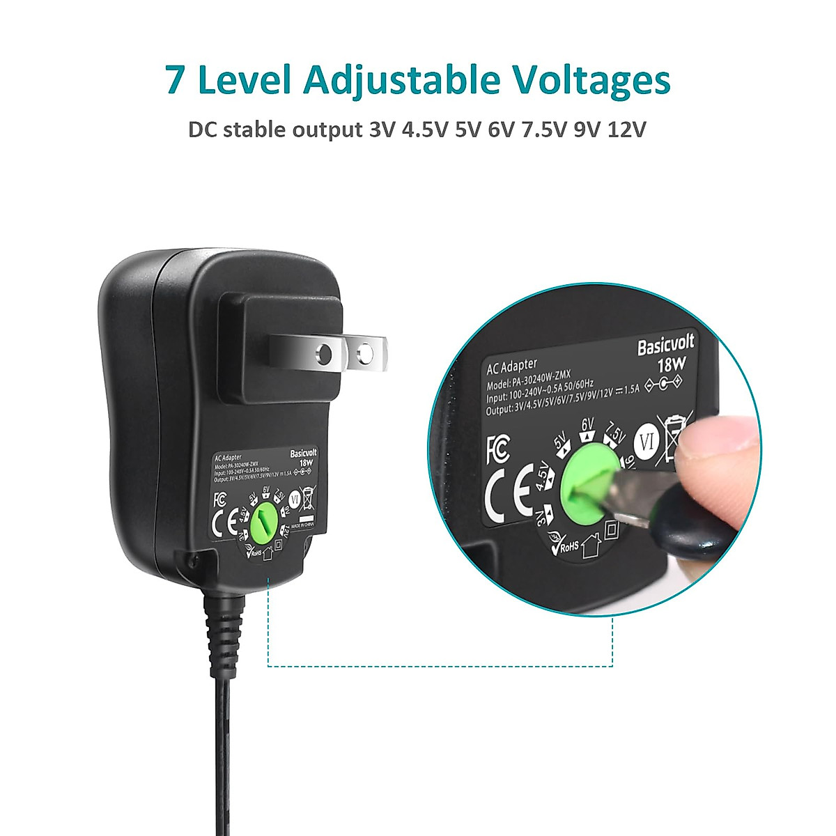 Basicvolt 18W DC 12V Power Supply Universal Power Adapter 3V 4.5V 5V 6V 7.5V 9V 12V 1A 1.5A AC DC Power Cord for LED Strip Light Router Speaker CCTV Camera Tablet and More Household Electronics