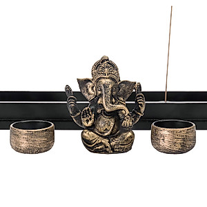 MyGift Mini Zen Garden with Ganesh Statue, Incense Stick Burner, Tealight Candle Holders, Decorative Rocks and Display Tray