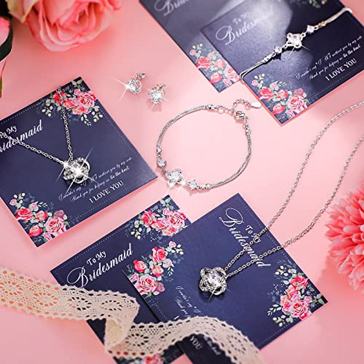 Yinkin 6 Bridesmaid Jewelry Sets for Wedding Will You Be My Bridesmaid Necklace Earrings Bracelet with Card Bridesmaid Proposal Gift (Classic)