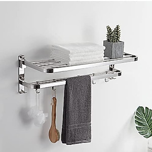 NAAKABE Bathroom Foldable Towel Rack,SUS 304 Stainless Steel Wall Mounted Towel Shelf wih No Drill, 6 Removable Hooks and Adjustable Towel Bar, Double Towel Bar Holder