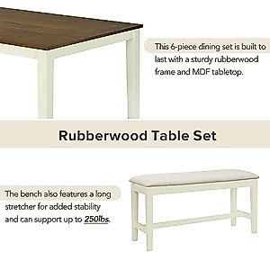 LUMISOL Rustic Solid Wood Dining Room Table Set for 6 Persons Farmhouse 6 Piece Kitchen Dining Table Set with 4 Chairs and 1 Bench Rectangular Dining Set for Living Room