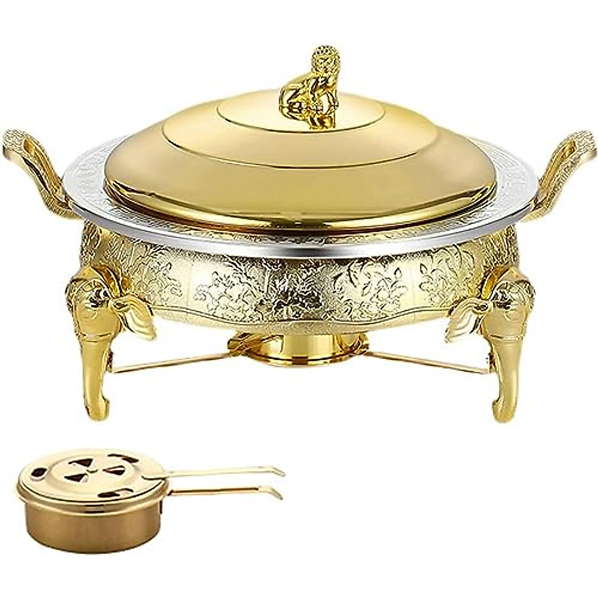 FLTRGO Retro Round Chafing Dish, Stainless Steel Buffet Server Warming Tray with Fuel Holders and Lid, for Birthday Party Wedding Celebration