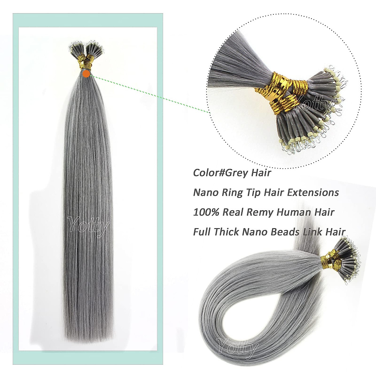 Nano Ring Hair Extensions Human Hair Keratin Cold Fusion Nano Tip Micro Nano Beads Link Thick Hair Balayage Highlight Ombre Real Remy Hair 1g/s (20inch100gr100s, Silver Gray)