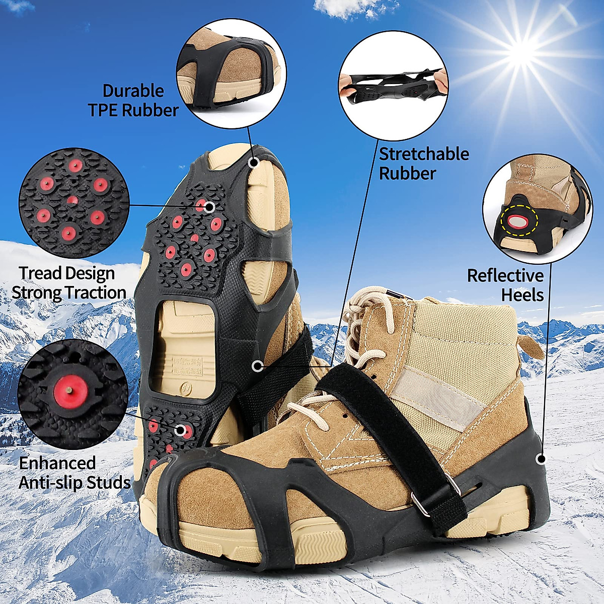 Xproutdoor Non-Slip Ice Cleats Snow Grips, with Reflective Heels, Strong Traction Crampons 10 Tungsten Studs, for Shoes and Boots, Snow Ice Walking, Large