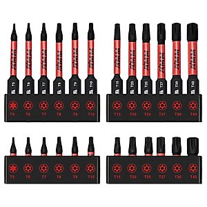 AMM 24-Piece Torx Bit Set, Security Star Bit Set, Tamper Resistant Star Bits Set, S2 Alloy Steel, 1" and 2.3" Long Impact Bits with Storage Box（T5-T40 ）