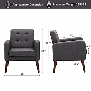 Furniliving Mid Century Modern Arm Chair, Button-Tufted Upholstered Accent Chairs for Bedrooms Living Room Chair with Solid Wood Legs Linen Fabric Comfy Lounge Chair, Dark Grey