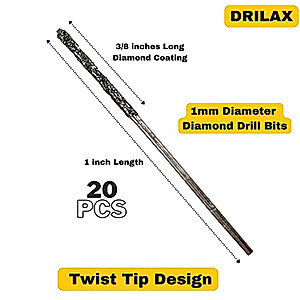 1mm Diamond Bits for Drilling Stone Compatible with Dremel Collet Included Drill Bit Set Twist Tip Design Jewelry Sea Glass Beach Shell Gemstone 20 Pieces Set