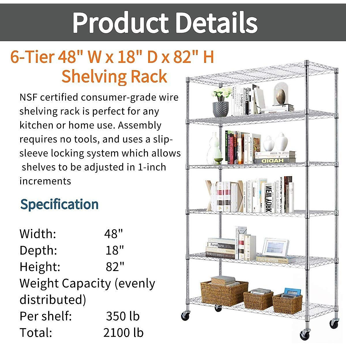 Bigacc 2100LBS Metal Shelf Wire 82"x48"x18"Heavy Duty Metal Shelves for Storage, Shelving Unit, Height Adjustable Garage Rack, 6 Tier Metal Storage Shelves with Wheels/Feet Levelers, Black