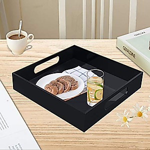 Tasybox Acrylic Serving Tray, Black Decorative Serving Trays with Handles for Kitchen Dining Room Table Ottoman Vanity Countertop 12" x 12"