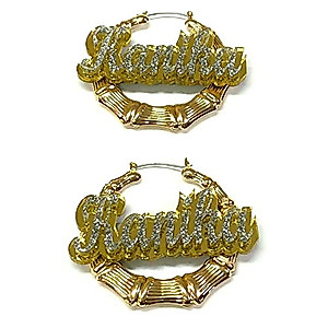 Personalized Custom Gold Hoop Bamboo Earrings Name Plate Laser Cut Design Stunning Look - Quality, Attractive Gold Bamboo Earrings, Made To Order 1.5-3.5 INCHES sizes
