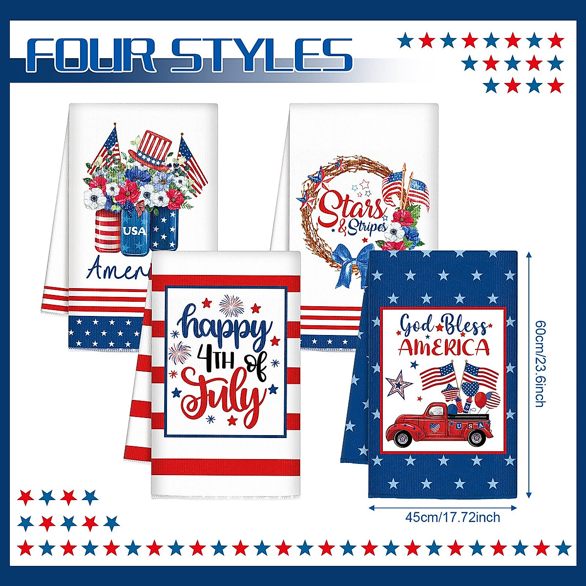 Kajaia 4 Pcs Labor Day Kitchen Towels 17.72 x 23.62 Inch Patriotic Stars and Stripes Dish Towels 4th of July Hand Towels American Flag Dish Towel Red White Blue Tea Towel for Bathroom Room Decorations