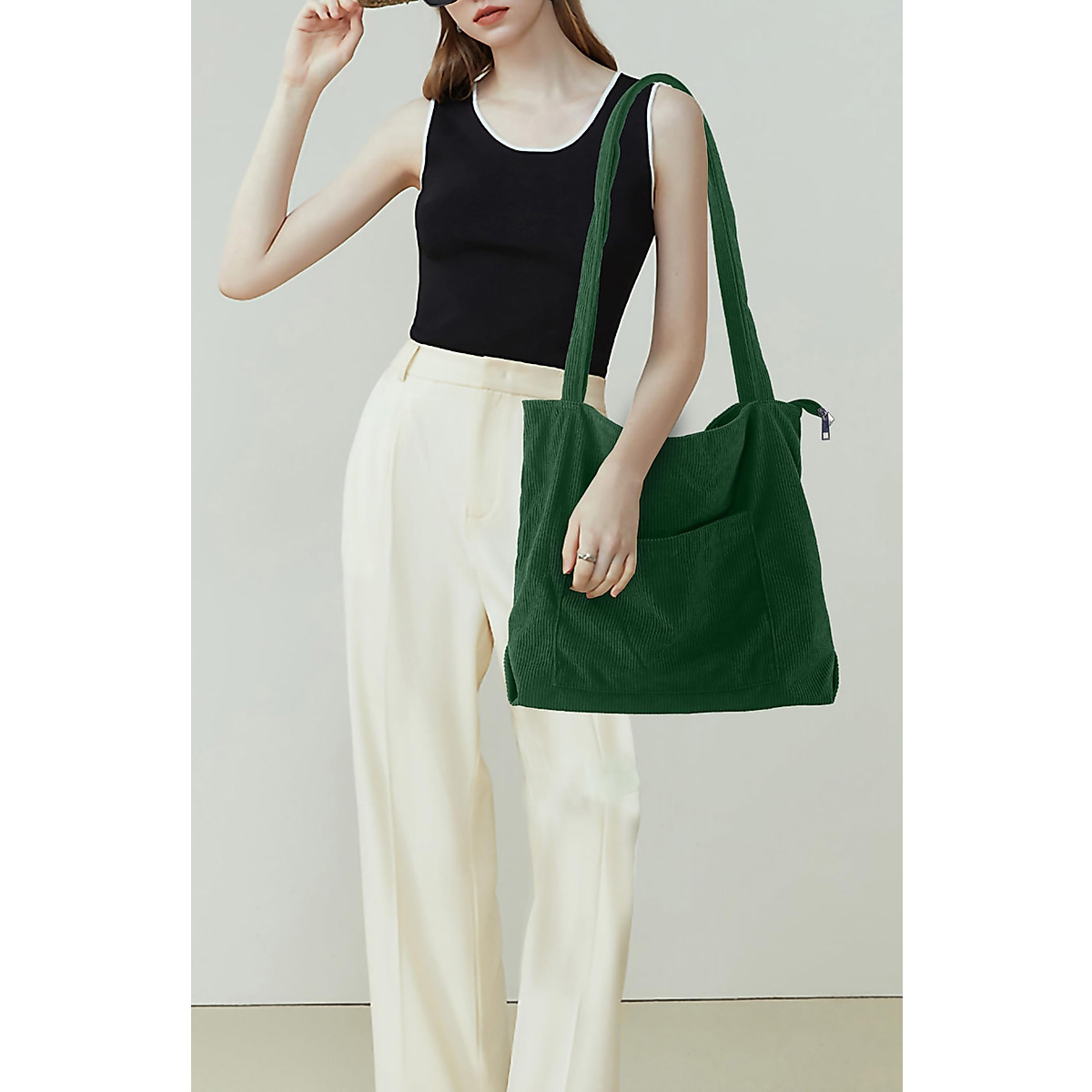 Corduroy Tote Bags for Women with Zipper and Front Pocket Shoulder Handbags Casual Canvas Purse, Green