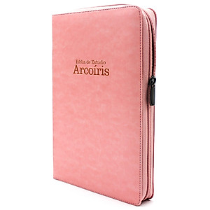 Biblia de Estudio Arco Iris Reina Valera 1960 con cierre, Indice, Color Rosado con cobre y Estuche de lujo negro con cobre para guardar y proteger la Biblia Coleccion Celestial