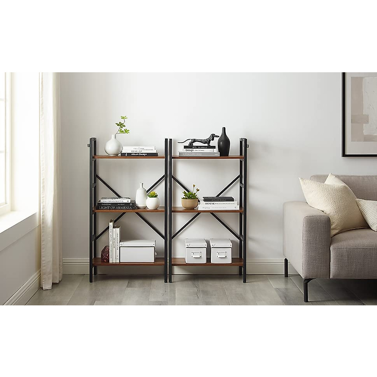 Luckyeestar 3 Tier Bookshelf, Bookcase Shelf Storage Organizer, Modern Book Shelf for Bedroom, Living Room and Home Office, Wood & Metal (Rustic Brown)