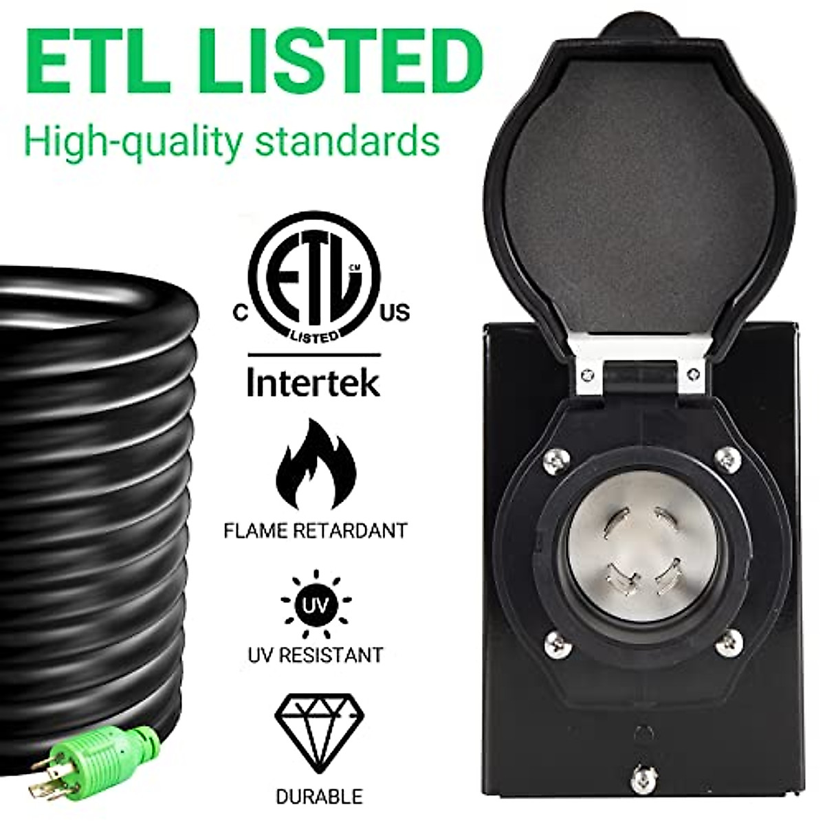 30 Amp Generator Cord and Power Inlet Box, 15FT 4 Prong NEMA L14-30P/L14-30R, 125/250V 7500W, STW 10/4 AWG Generator Extension Cord for Outdoor Use, Waterproof, ETL Listed