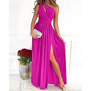 BTFBM Women's One Shoulder Cutout Sleeveless Maxi Dresses Side High Split Elegant Formal Prom Bodycon Party Cocktail Dress(Solid Rose Red, Large)