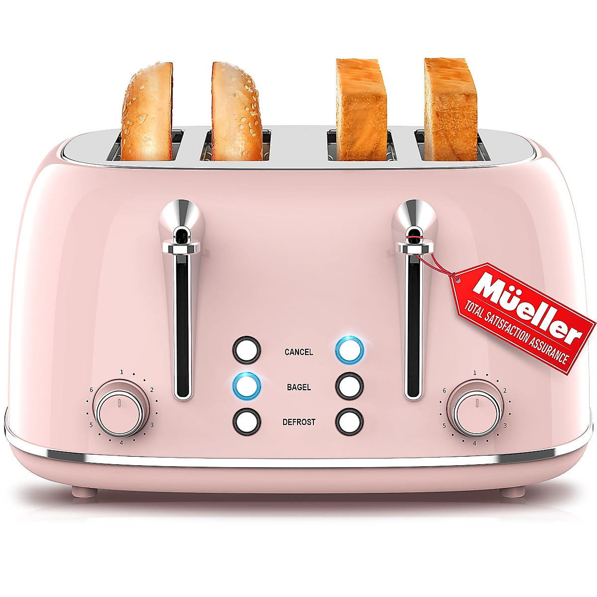 Mueller Retro Toaster 4 Slice with Extra Wide Slots Bagel, Defrost, and Cancel Function, 6 Browning Levels, Dual Independent Controls, Removable Crumb Tray and High Lift Levers, Pink
