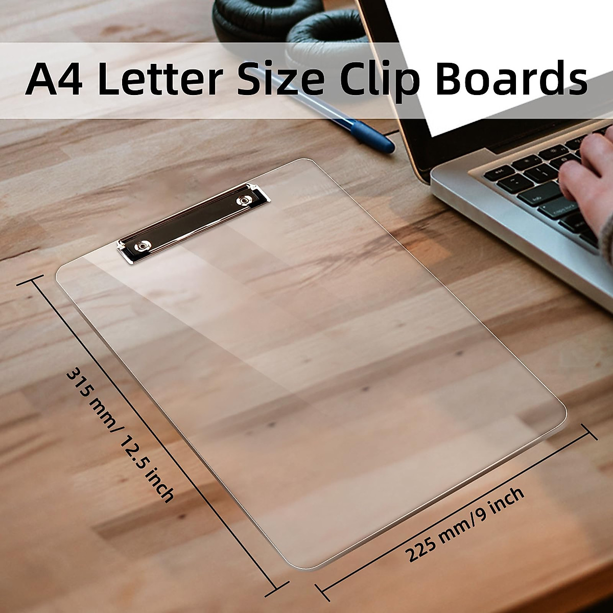 Macroclo Plastic Clipboards, A4 Acrylic Clear Board 8.5x11 for Classroom, Students, Transparent Letter Size 9" x 12.5" with Low Profile Clip, Office & School Supply