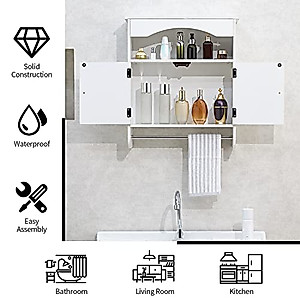 GREATMEET Wood Bathroom Cabinet with Towels Bar and 2 Shelves, Wood Towel Cabinet with 2 Doors, Medicine Wall Mounted Cabinets for Bathroom, Laundry Room, Kitchen, White