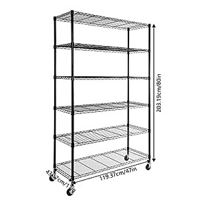 ZeStarDair Metal Shelve, Wire Shelving with Wheels 6-Tier Heavy Duty Storage Rack Utility Wire Rack 47 * 17 * 80 in Storage Shelving Unit Adjustable Storage Rack for Garage Kitchen Office (Black)