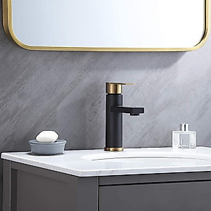Comllen Black Single Hole Bathroom Faucet, Modern Single Handle Bathroom Sink Faucet Brushed Gold and Matte Black One Hole Lavatory Vanity Faucets with Water Supply Lines