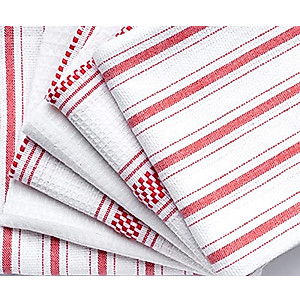 6 Pack Red Cotton Dish Towels for Kitchen - Ticking Stripe Dish Towels - Kitchen Hand Towels - Farmhouse Dish Towels - Red Kitchen Towels Linen - Soft, Highly Absorbent, Hanging Loop, 18”x 28”