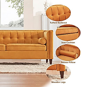 Dreamsir 78'' W Velvet Sofa, Mid-Century Love Seats Sofa Furniture with Bolster Pillows, Button Tufted Couch for Living Room, Tool-Free Assembly (Sofa, Ginger)