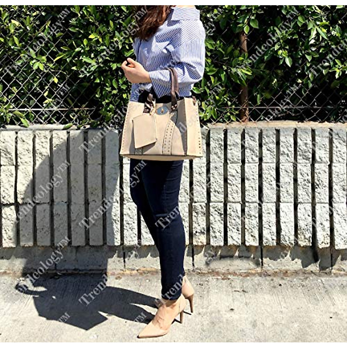 Twist Lock Studded 3 in 1 Soft Structure Plain & Ostrich Vegan Leather Tote Purse Handbag with Crossbody SET (Plain Vegan Leather - Black/Coffee)