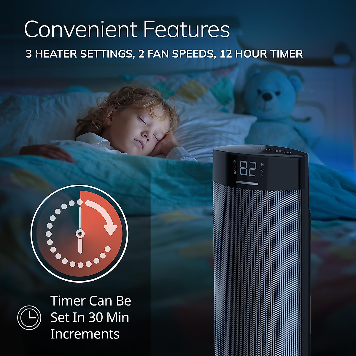 Lasko Ellipse Ceramic Tower Heater for Home with Tipover Switch, Child Lock, Digital Display, Thermostat, Wide Oscillation, Remote, Timer, For Bedroom, Office, Living Room, Den, 1500W, Black, CT18950