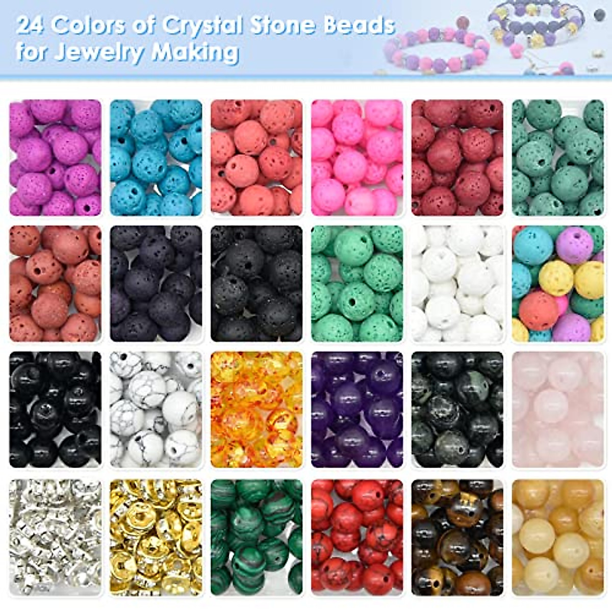 KOTHER 580PCS Nature Stone Beads for Jewelry Making, 8mm DIY Crystal Beads Bracelet Making Kit Healing Chakra Beads with 22 Color Lava Beads and Gemstone Beads Suitable for Beginners