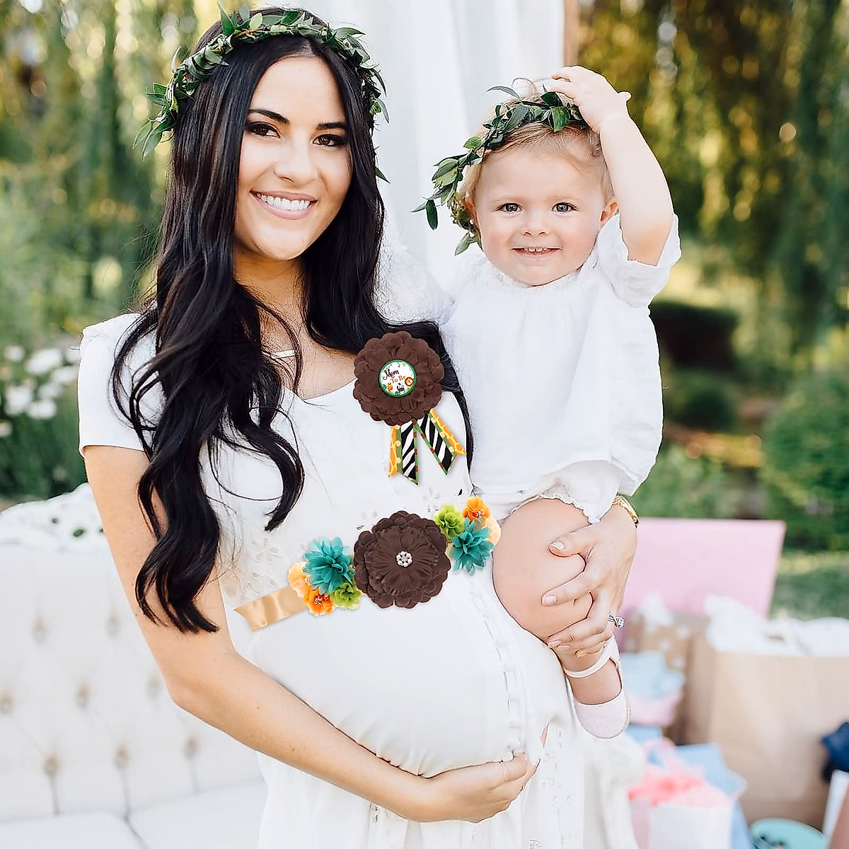 Safari Jungle Animals Maternity Sash Mom to Be Daddy to Be Corsage Set Jungle Safari Sash and Pins for Baby Shower Gender Reveal Keepsake Photo Props Pregnancy Flower Sash