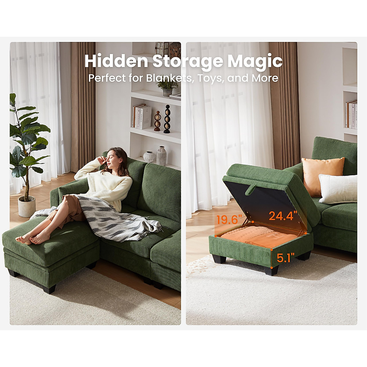 CHIC HOUSE Modular Sectional Sofa Corduroy Couch, Customizable U-Shaped Sofa with Storage Ottoman, Reversible Chaise for Living Room, Oversized L-Shaped Sofa Set (Green, 4 Seater Sectional)