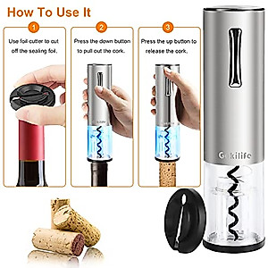Gokilife Electric Wine Opener, Automatic Rechargeable Wine Bottle Corkscrew Opener with Foil Cutter, One-click Button Wine Bottle Openers with LED Light for Home Party Restaurant (Silver01)