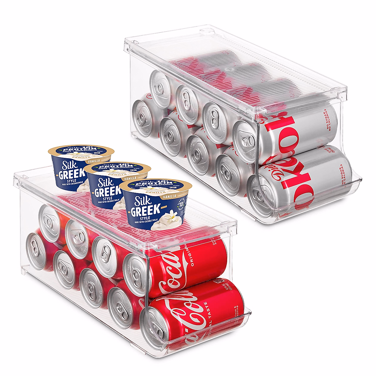 Set of 2 Stackable Refrigerator Organizer Bins Pop Soda Can Dispenser Beverage Holder for Fridge, Freezer, Kitchen, Countertops, Cabinets - Clear Plastic Canned Food Pantry Storage Rack Holds 9 Cans