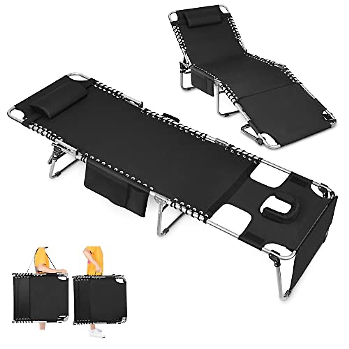 Oversized Heavy Duty Tanning Chair with Face Hole Adjustable 5-Position Folding Chaise Lounge Chairs for Outside Portable Layout Beach Lounge Chair for Outdoor Sunbathing Patio Pool Lawn Deck Poolside