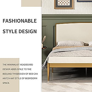 YUHUASHI Platform Metal Bed Frame, Simple Design, Linen-Covered Curved headboard, Metal Frame and Foot, Easy to Assemble and noiseless (Beige & Gold, Queen)