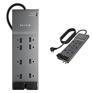Belkin BE108230-06 8-Outlet Power Strip Surge Protector w/Flat Plug, 6ft Cord (3,550 Joules),Black & 12-Outlet Power Strip Surge Protector w/ 8ft Cord (3,940 Joules), Gray