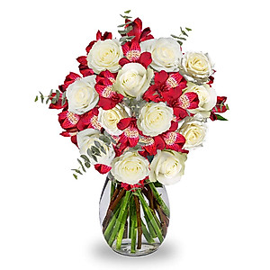 Bouquet of Roses and Alstroemerias with Greens- Fresh Flowers- White and Red