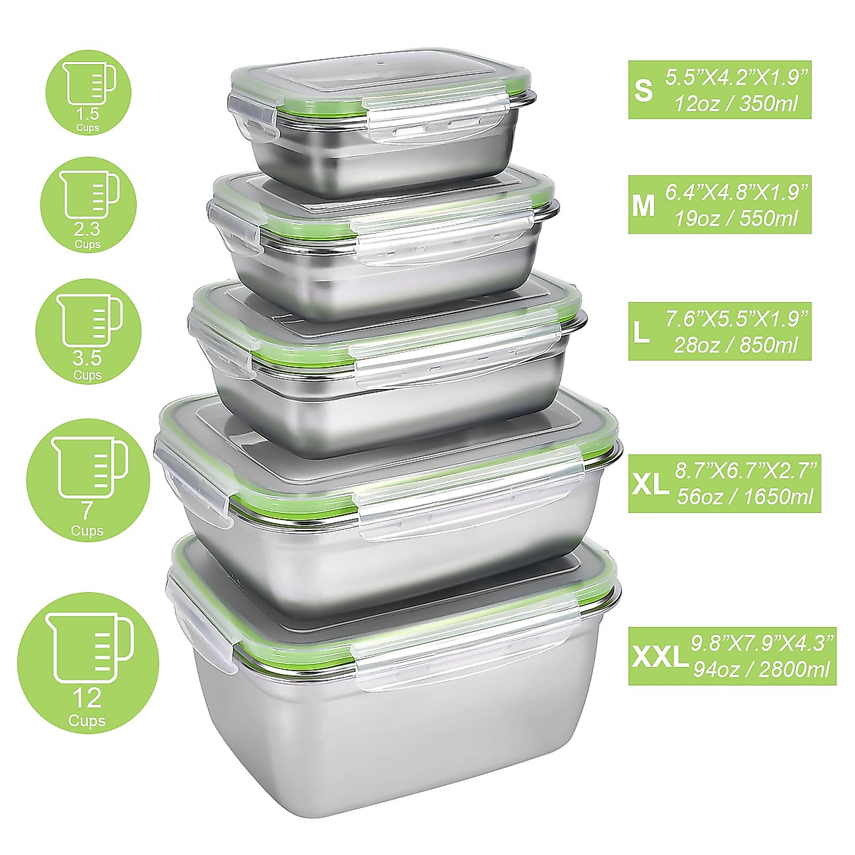UPTRUST Stainless Stainless Steel Food Storage Containers | Leak Proof & Airtight Lids | Set of 5 Containers BPA Free that are Dishwasher & Freezer Safe, Green