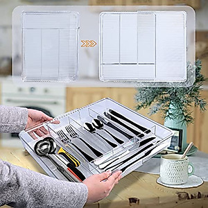 KAKUNM Utensil Organizer | Large Plastic Silverware Adjustable Utensil Organizer for Kitchen Divided Drawer Storage, Multi-Purpose Organizer Silverware Tray for Office, Bathroom, Cabinet, Clear